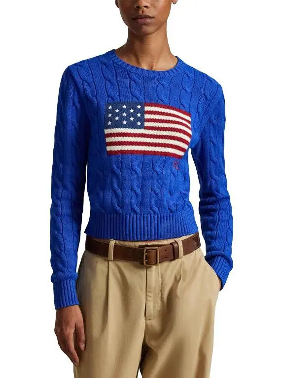 Polo Ralph Lauren Flag Intarsia Cable-stitch Crewneck Sweater - Sapphire Star