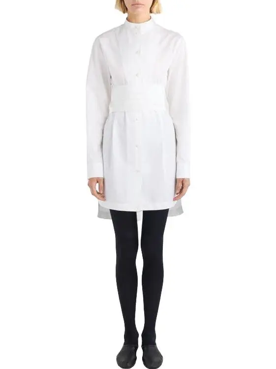 Alaïa Cummerbund Belted Long Sleeve Cotton Poplin Shirt Dress - Blanc