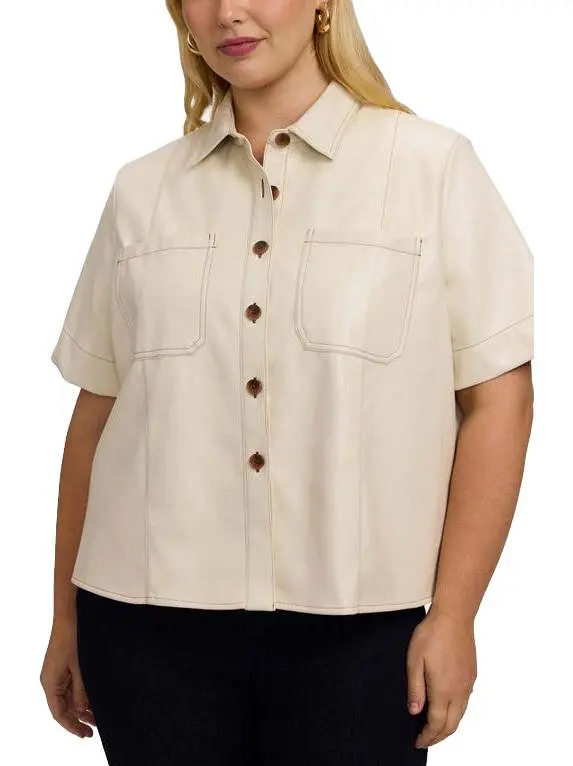 Foxcroft Demi Elbow Sleeve Faux Leather Button-up Shirt - Cream