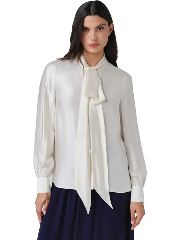 GHOST LONDON Satin Tie Neck Blouse - Ivory