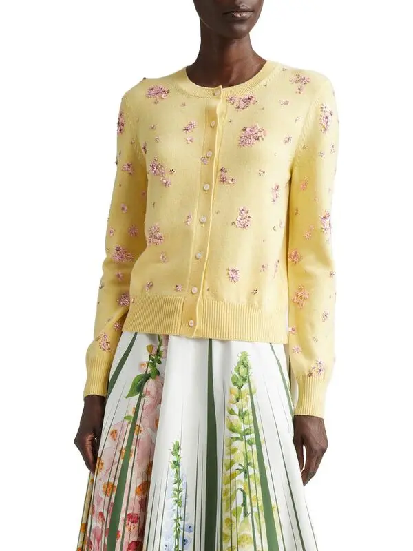 Oscar De La Renta Sequin & Crystal Embroidered Wool Cardigan - Yellow/pink