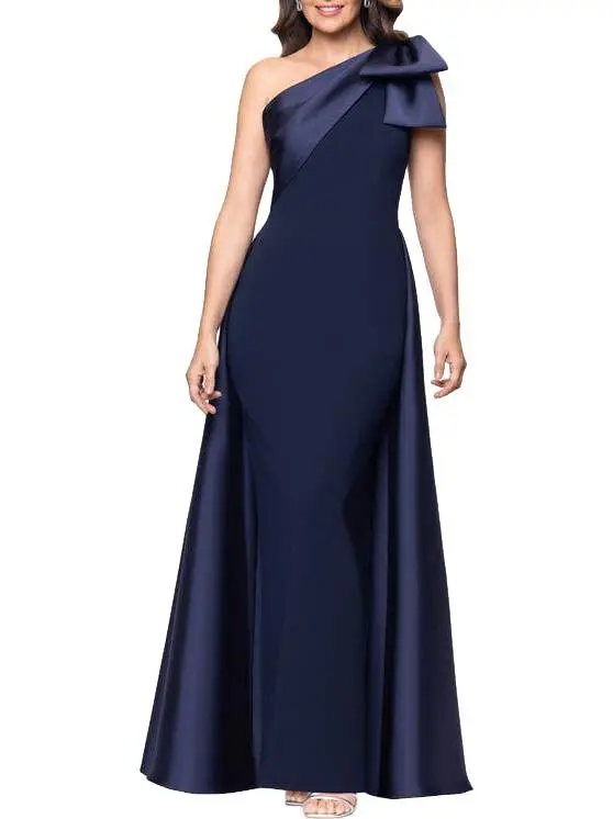 Betsy & Adam Bow One-shoulder Mikado Gown - Navy