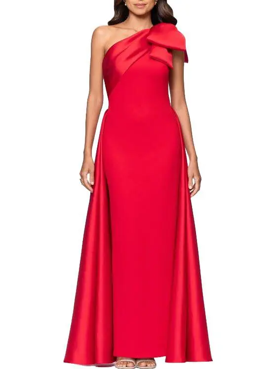 Betsy & Adam Bow One-shoulder Mikado Gown - Red