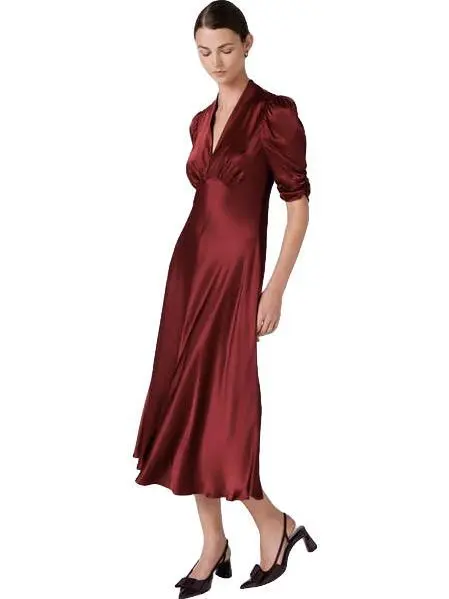 GHOST LONDON Mia Satin V-neck Midi Tea Dress - Burgundy