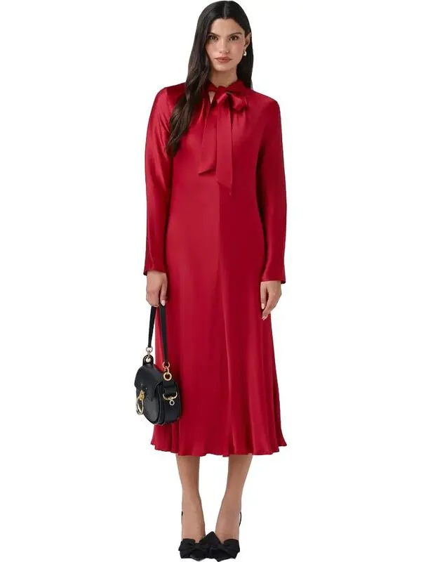 GHOST LONDON Satin Tie Neck Midi Dress - Red
