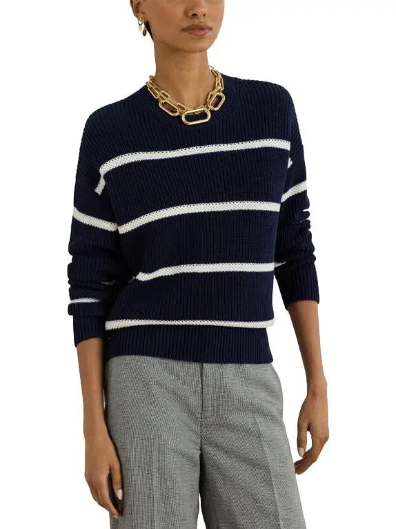 Ralph Lauren Stripe Combed Cotton Sweater - Refined Navy Blue/white
