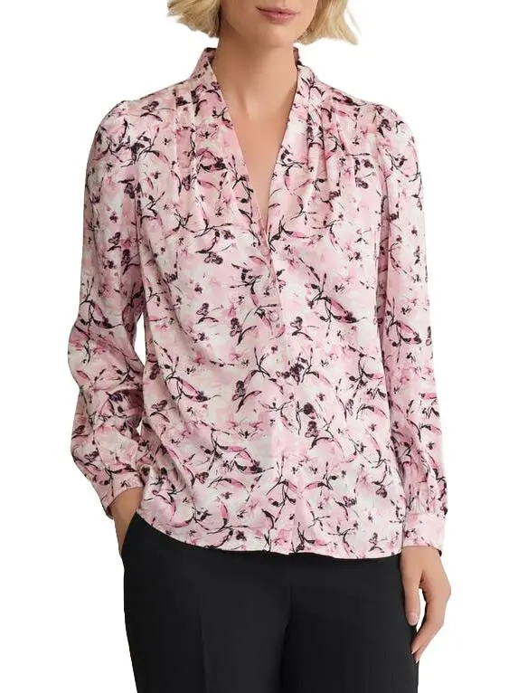 KASPER Printed Pleated Shoulder Top - Tutu Pink Multi