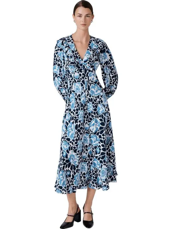 GHOST LONDON Floral Crepe V-neck Midi Dress - Blue Floral