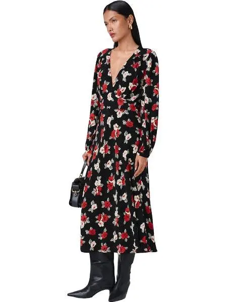 GHOST LONDON Floral V-neck Midi Dress - Black Flower