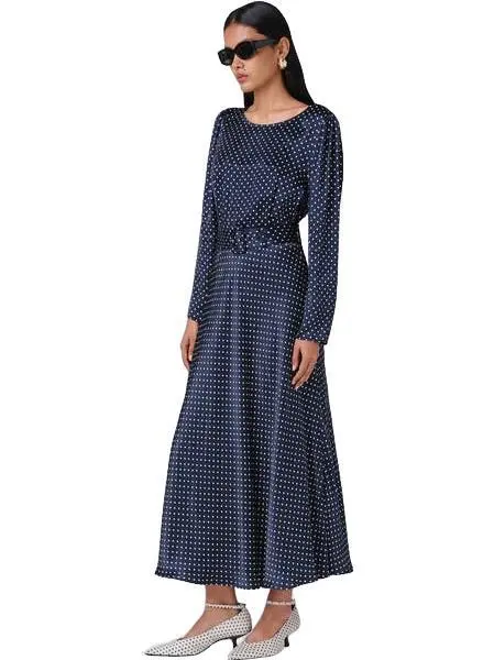 GHOST LONDON Sophia Polka Dot Belted Midi Dress - Navy Spot