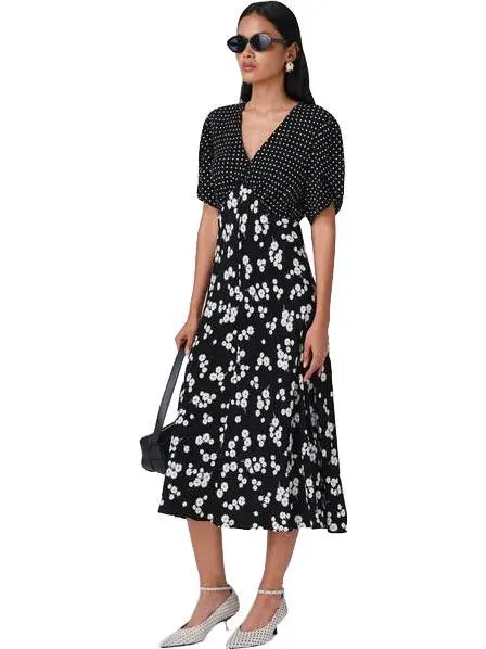 GHOST LONDON Lulu V-neck Midi Dress - Black Spot Floral
