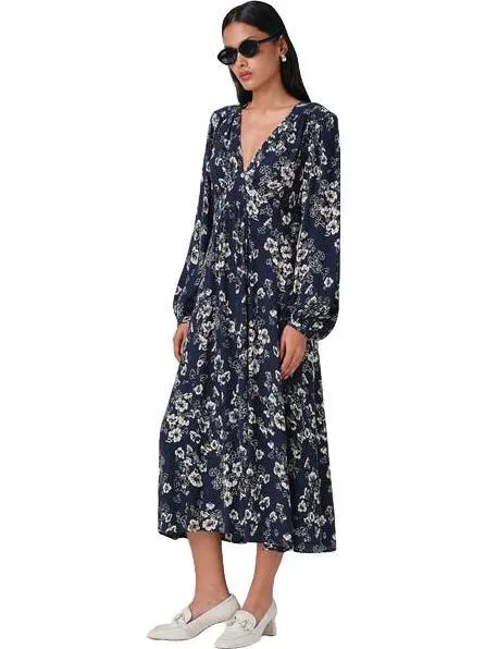 GHOST LONDON Wren Floral V-neck Midi Dress - Navy Floral
