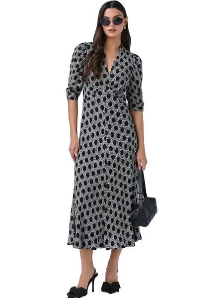 GHOST LONDON Mia Crepe Polka Dot Midi Tea Dress - Black Spot Floral