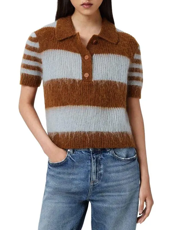 ALLSAINTS Clem Polo Sweater - Steel Blue/cognac