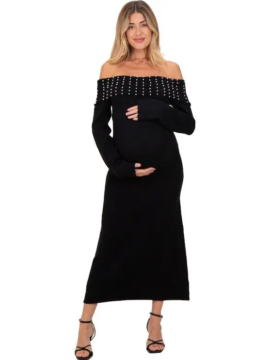 PINKBLUSH Off Shoulder Faux Pearl Embellished Sweater Dress - Black