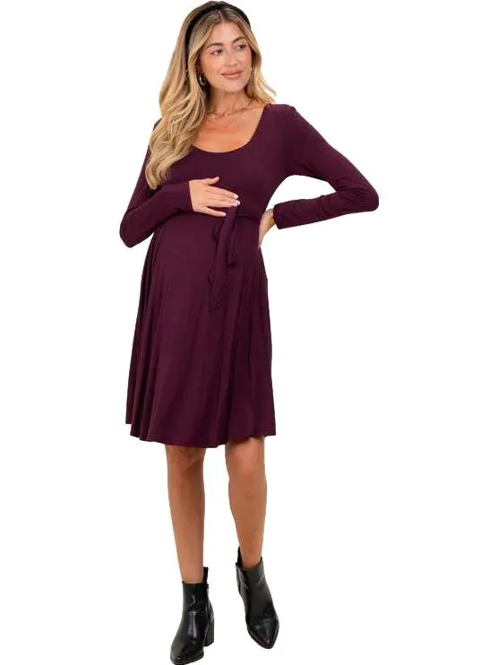 PINKBLUSH Scoop Neck Long Sleeve Waist Tie Maternity Dress - Plum