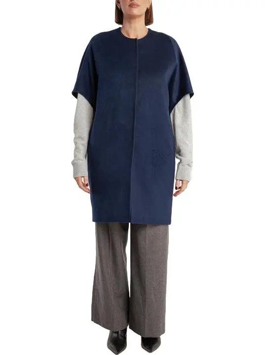 1982 Cashmere Cape Coat With Crew Neck - Navy