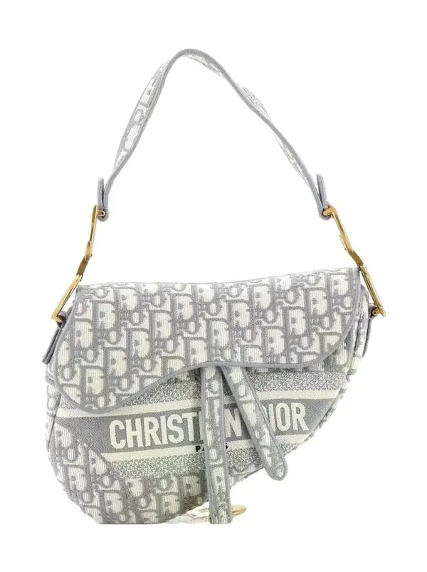 Dior Saddle Handbag Logo Embroidered Oblique Canvas Medium Shoulder Bag - Grey