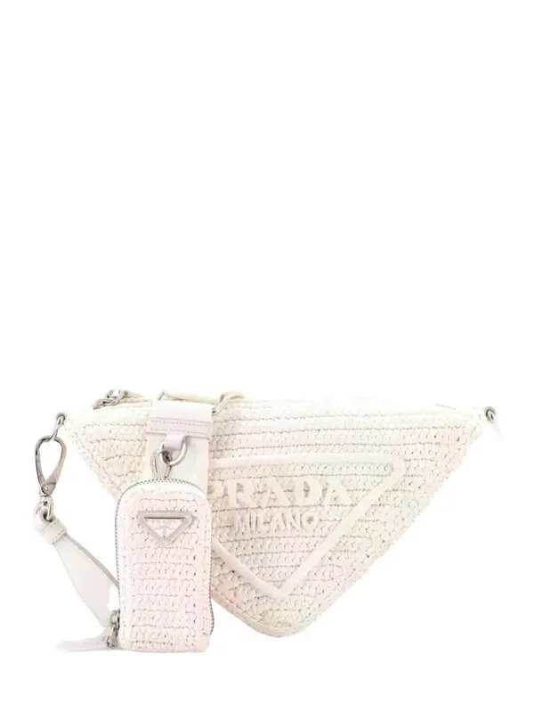 Prada Triangle Logo Zip Crochet Raffia Crossbody Bag - White