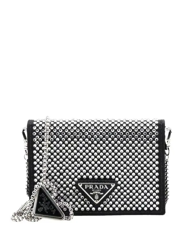Prada Flap Card Holder With Chain And Crystals - Black