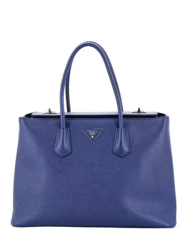 Prada Turnlock Cuir Twin Saffiano Leather Medium Tote Bag - Blue