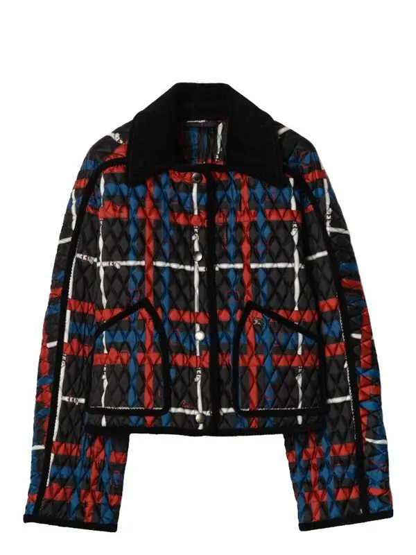 Burberry Cropped Belt Check Quilted Floriston Jacket - Petrol Blue