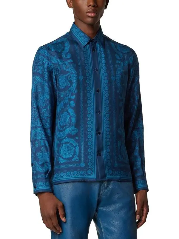 Versace Slim-fit Printed Silk Twill Shirt - Blue