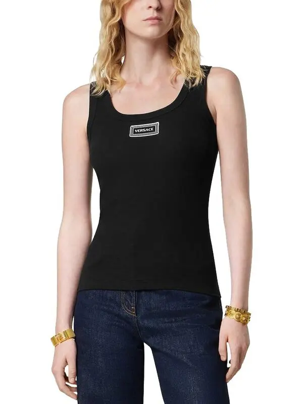 Versace Stretch Ribbed Cotton Tank Top - Black