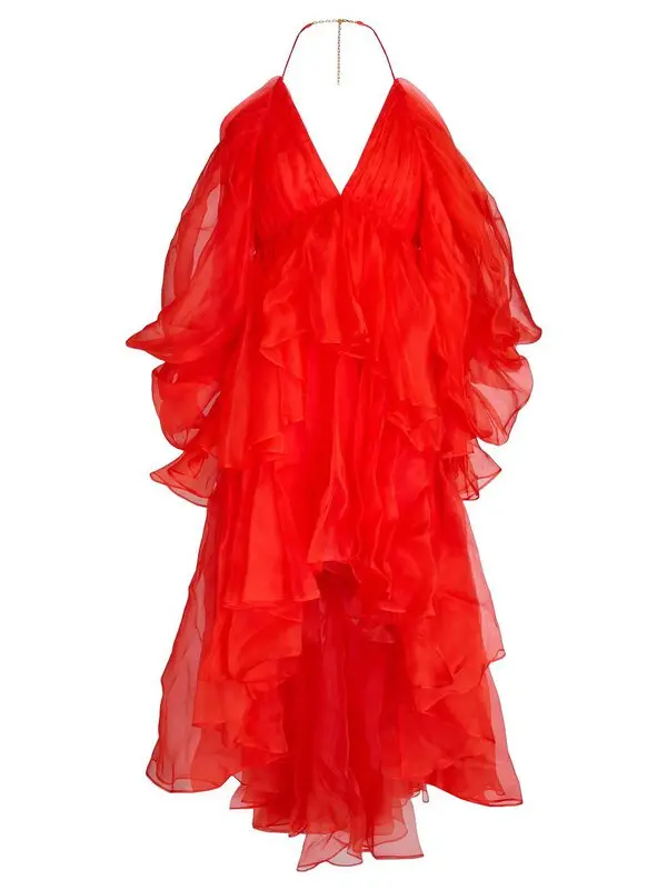 Zimmermann Cold-shoulder Ruffled Silk-organza Halterneck Dress - Tomato Red