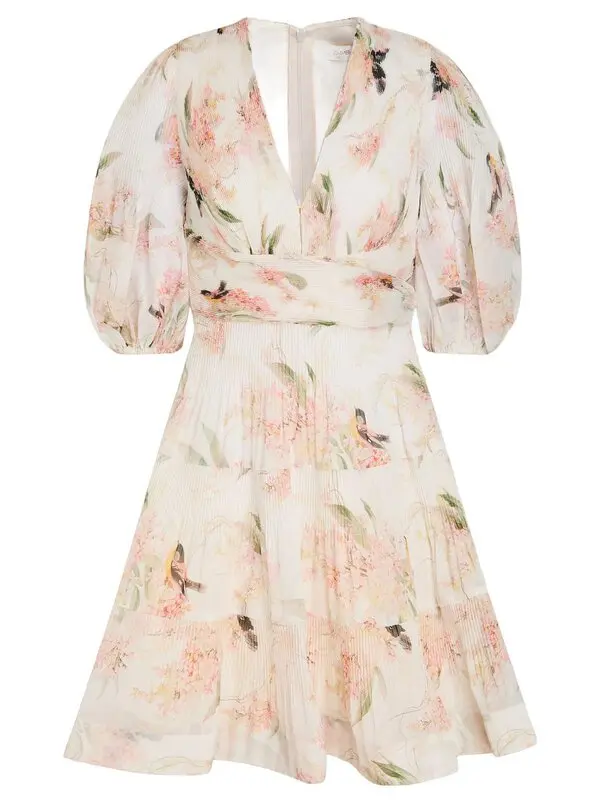 Zimmermann Floral-print Plissé Organza Mini Dress - Ecru