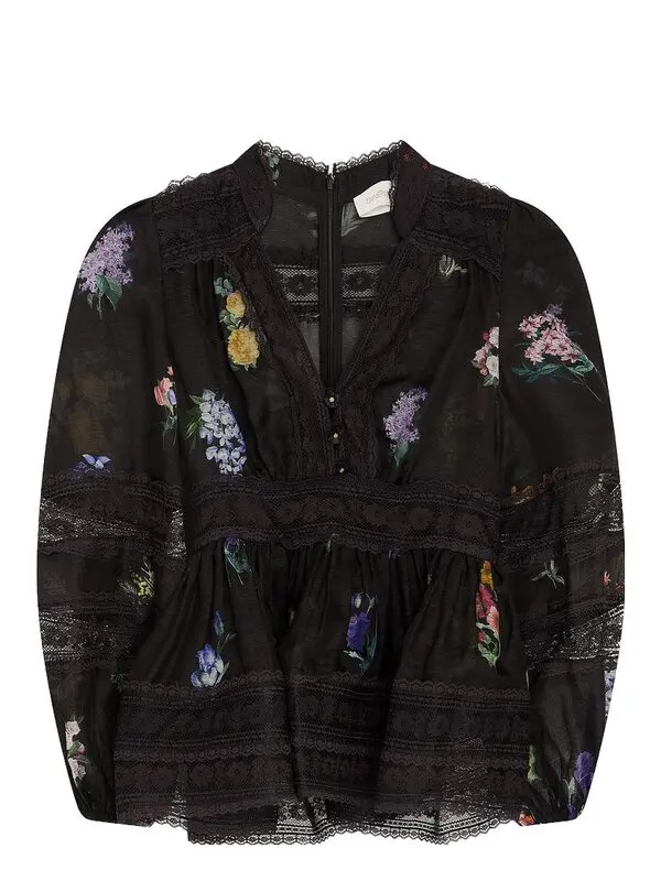 Zimmermann Floral-print Linen And Silk-blend Peplum Blouse - Black