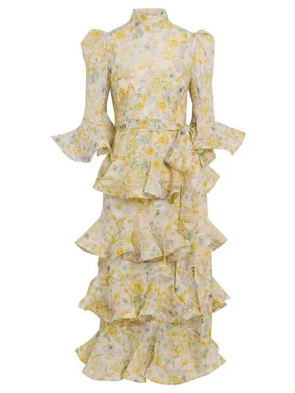 Zimmermann Ruffled Floral-print Linen And Silk-blend Gauze Midi Dress - Yellow