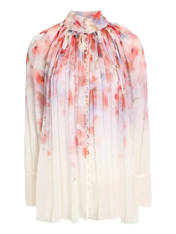Zimmermann Gathered Floral-print Georgette Blouse - Off-white