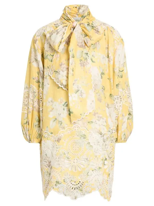 Zimmermann Floral-print Linen-gauze Mini Dress With Broderie Anglaise Trims - Yellow