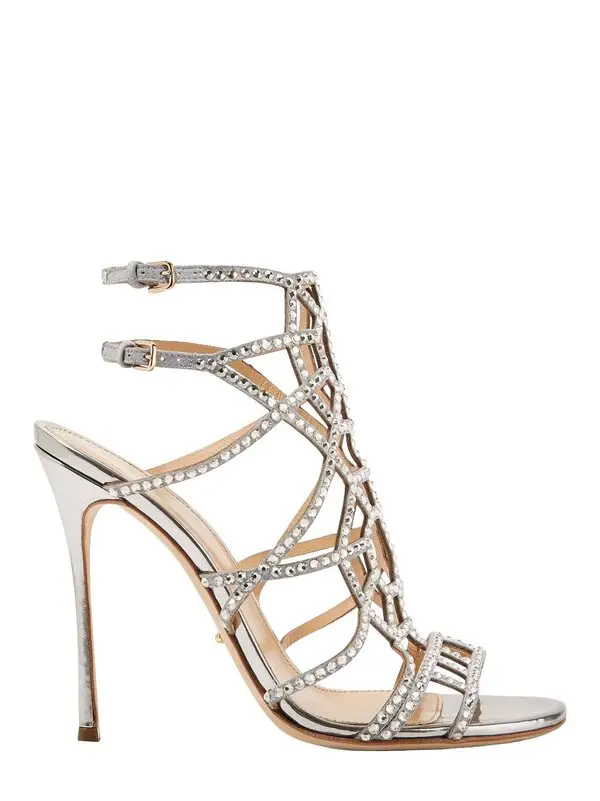 SERGIO ROSSI Royal Crystal-embellished Laser-cut Suede Sandals - Silver