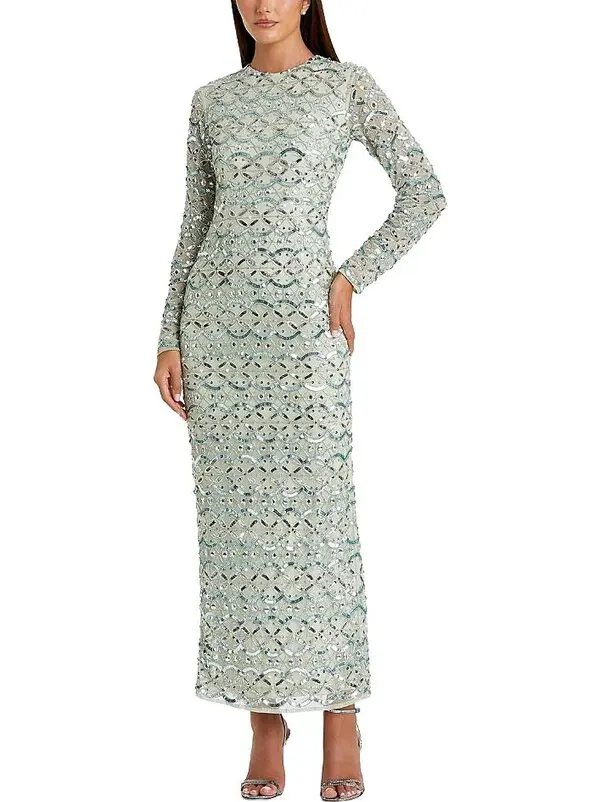 Mac Duggal Geometric Embellished Long Sleeve Dress - Jade