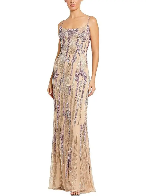 Mac Duggal Thin-strap Embellished Mesh Column Gown - Nude