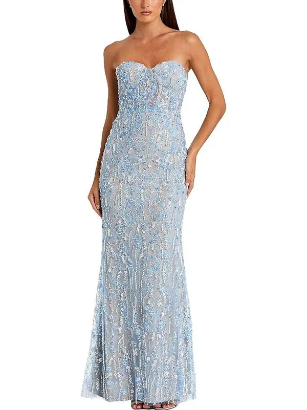 Mac Duggal Embellished Applique Strapless Bustier Gown - Blue