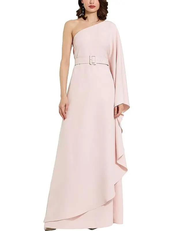 Mac Duggal Crepe One-sleeve Belted Kaftan Dress - Blush