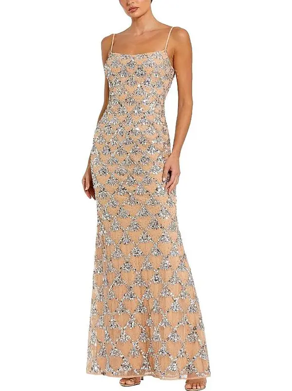 Mac Duggal Sleeveless Scoop Neck Rhinestone Embellished Gown - Silver