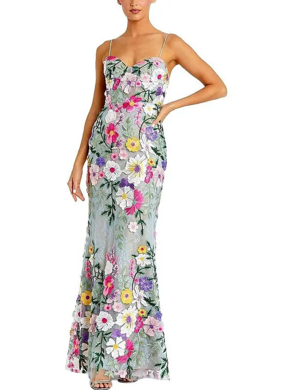 Mac Duggal Floral Embroidered Sleeveless Bustier Gown - Sage Multi