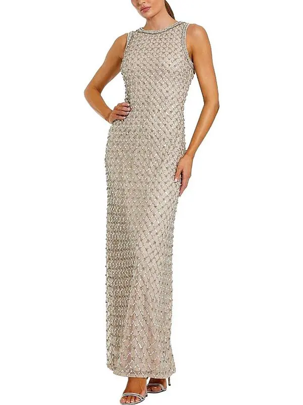 Mac Duggal Sequin Mesh High Neck Column Gown - Silver Nude