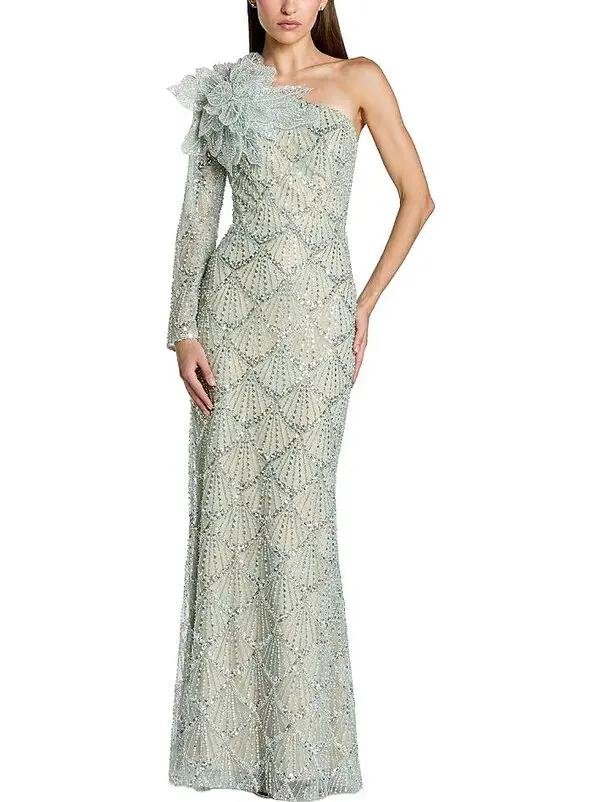 Mac Duggal One-sleeve 3d Flower Sequin Gown - Seafoam