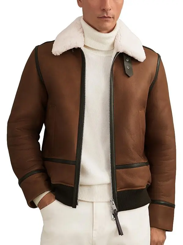 REISS Shearling Leather Jacket - Cognac Brown