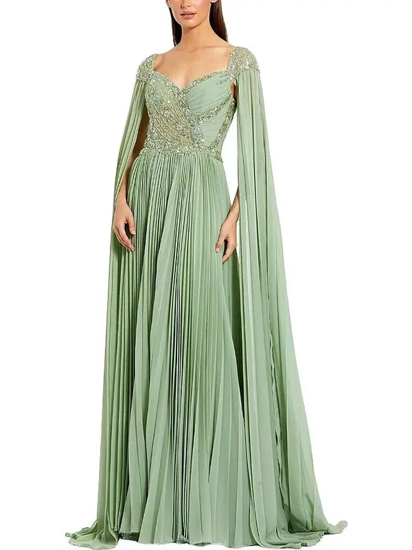 Mac Duggal Cape Sleeve Pleated Charmeuse Beaded Gown - Sage