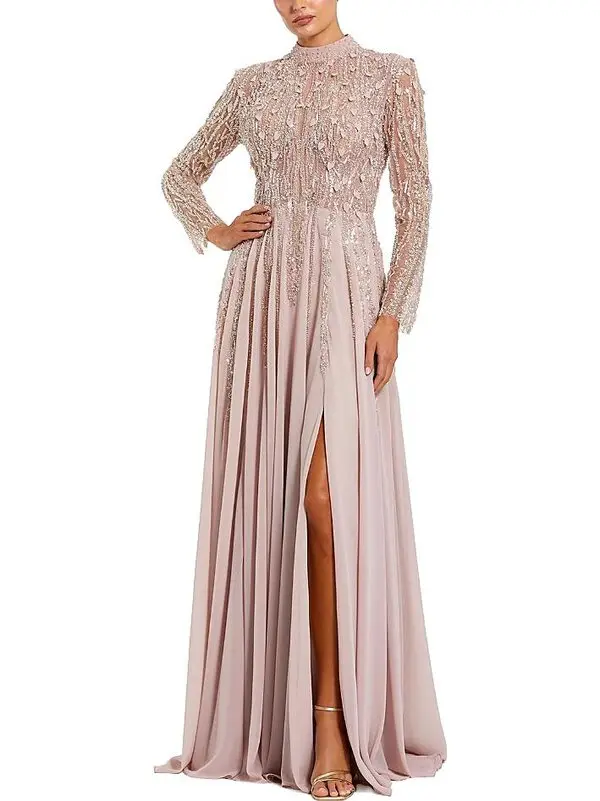 Mac Duggal Embellished Long Sleeve Chiffon Skirt Gown - Dusty Rose