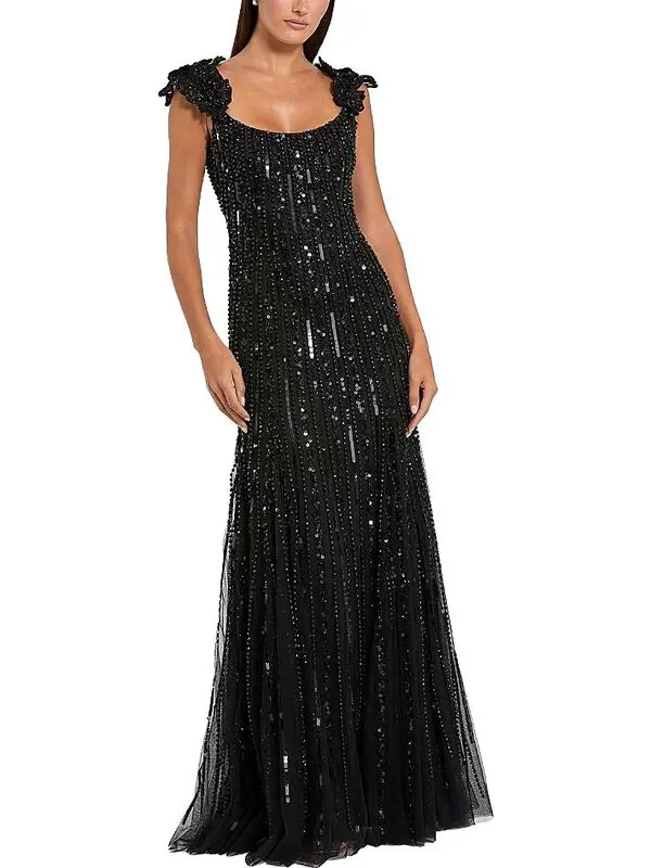 Mac Duggal Sleeveless Mesh Gown With Floral Shoulder Detail - Black