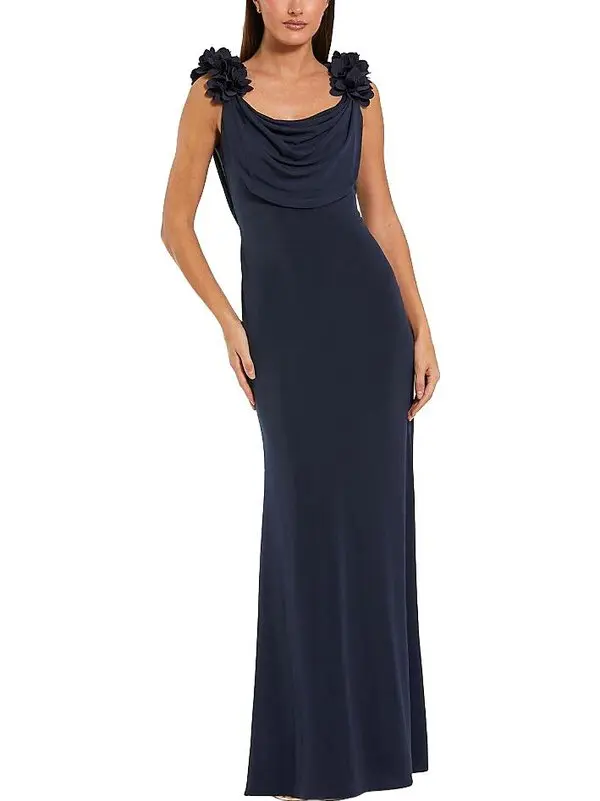 Mac Duggal Jersey Cowl Neck Gown With 3d Flower Straps - Midnight