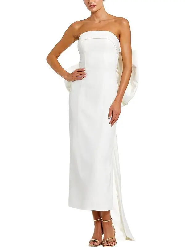 Mac Duggal Strapless Satin Column Ankle Dress With Bow Detail - Ivory