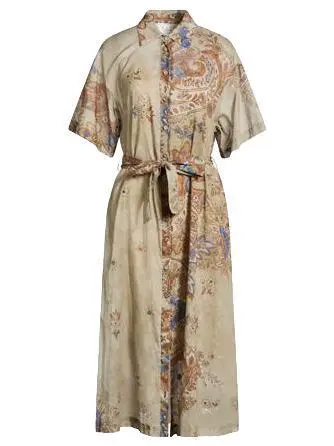 KAOS Cotton Military Midi Shirt Dress With Floral Print And Belt - Green